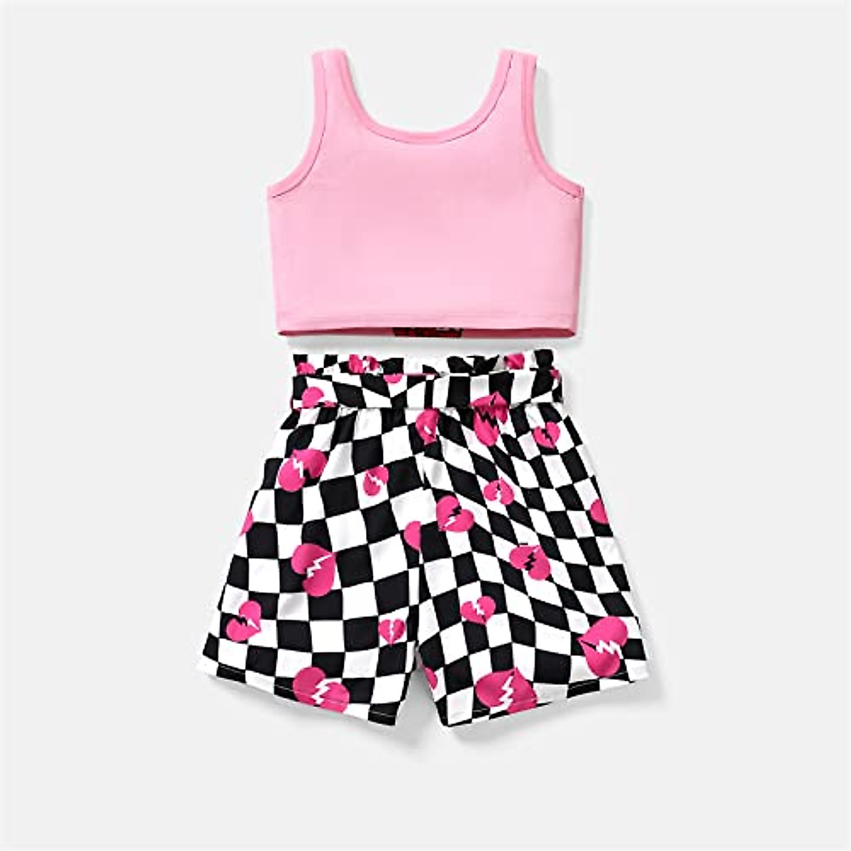 L.O.L. Surprise! Kid Girl 2pcs Mother's Day Character Print Sleeveless Tee and Plaid Belted Shorts Set Pink 11-12 Years