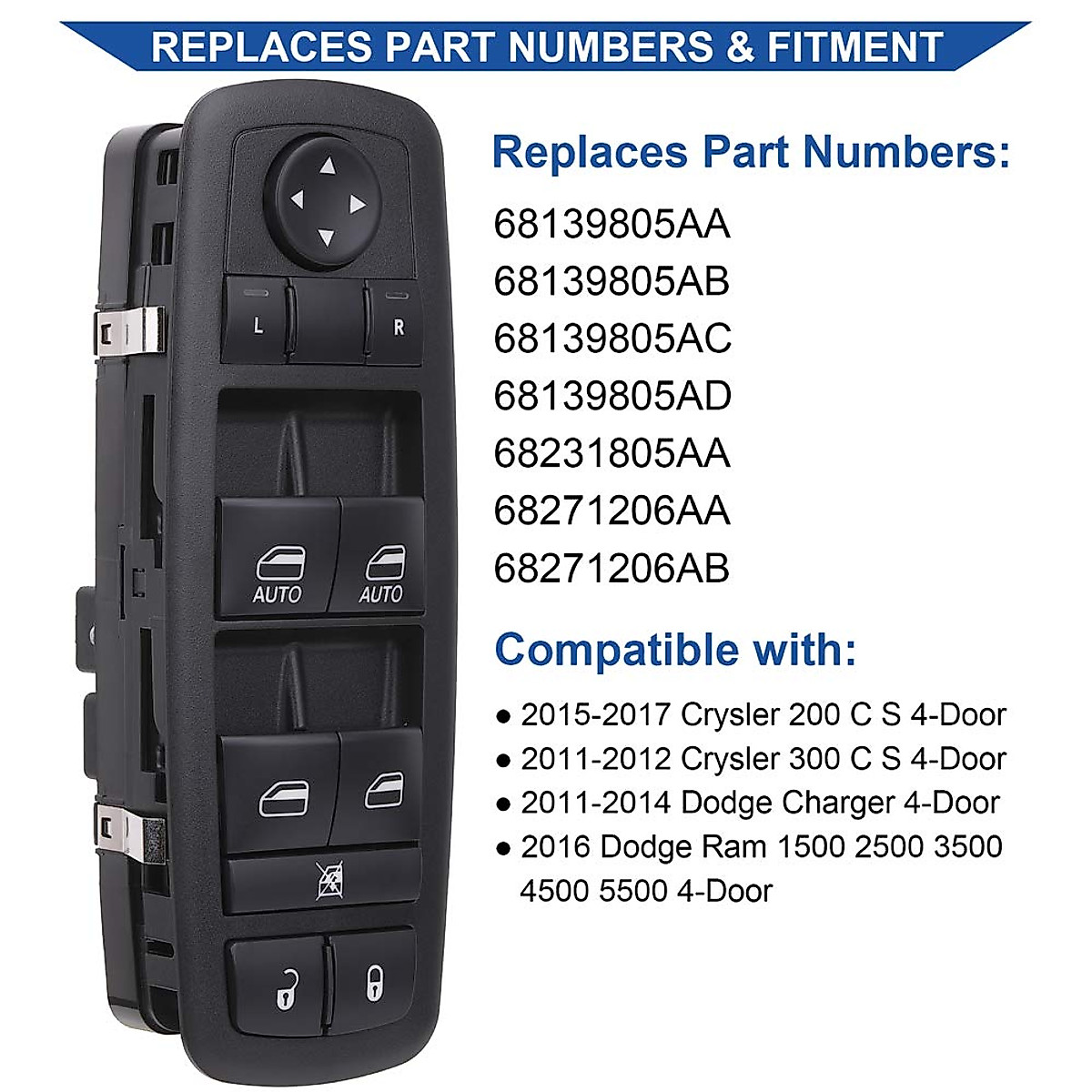 Obaee Front Left Window Switch 68231805AA Compatible with 2011-2012 Chrysler 300, 2015-2017 Chrysler 200, 2011-2014 Dodge Charger, 2016 Ram 1500 2500 3500 4500 5500 4-Door Replace 68139805AB