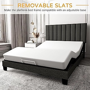 SWISH WEAVERS Queen Bed Frame Upholstered Platform with Adjustable Height Headboard, No Box Spring Needed, Non-Slip and Noise-Free, Easy Assembly Solid Wooden Slats (Dark Grey)