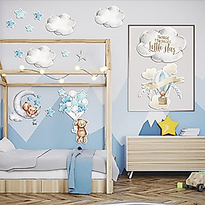12 Sheet 78 Pcs Bear Wall Decals Decor, Sweet Dreams Little One Cloud Balloon Bear Boys Wall Decor Cute Bear Sleeping on The Moon Stars Wall Sticker for Kids Baby Room Nursery Decor