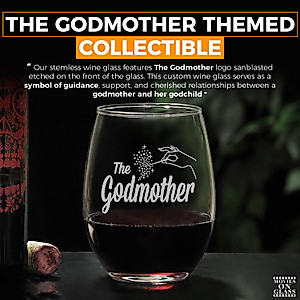 The Godmother Etched Stemless Wine Glass - Premium Quality, Handcrafted Glassware, 15 oz., Collectible Gift Item for Godparents, Birthdays, & Special Occasions