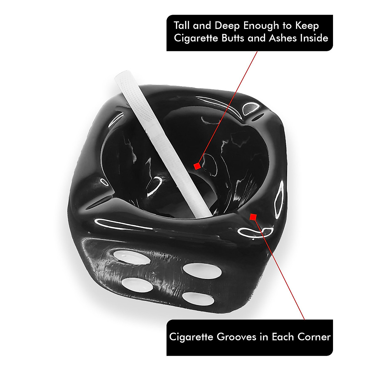 Jeuristic Ashtrays for Cigarettes Dice Ash Tray - Premium Ceramic Retro Cool Ashtrays Gifts for Smokers Home Ashtrays for Indoor Outdoor Patio Desktop Decor Unique Fancy Ashtray Cute Ashtray Black