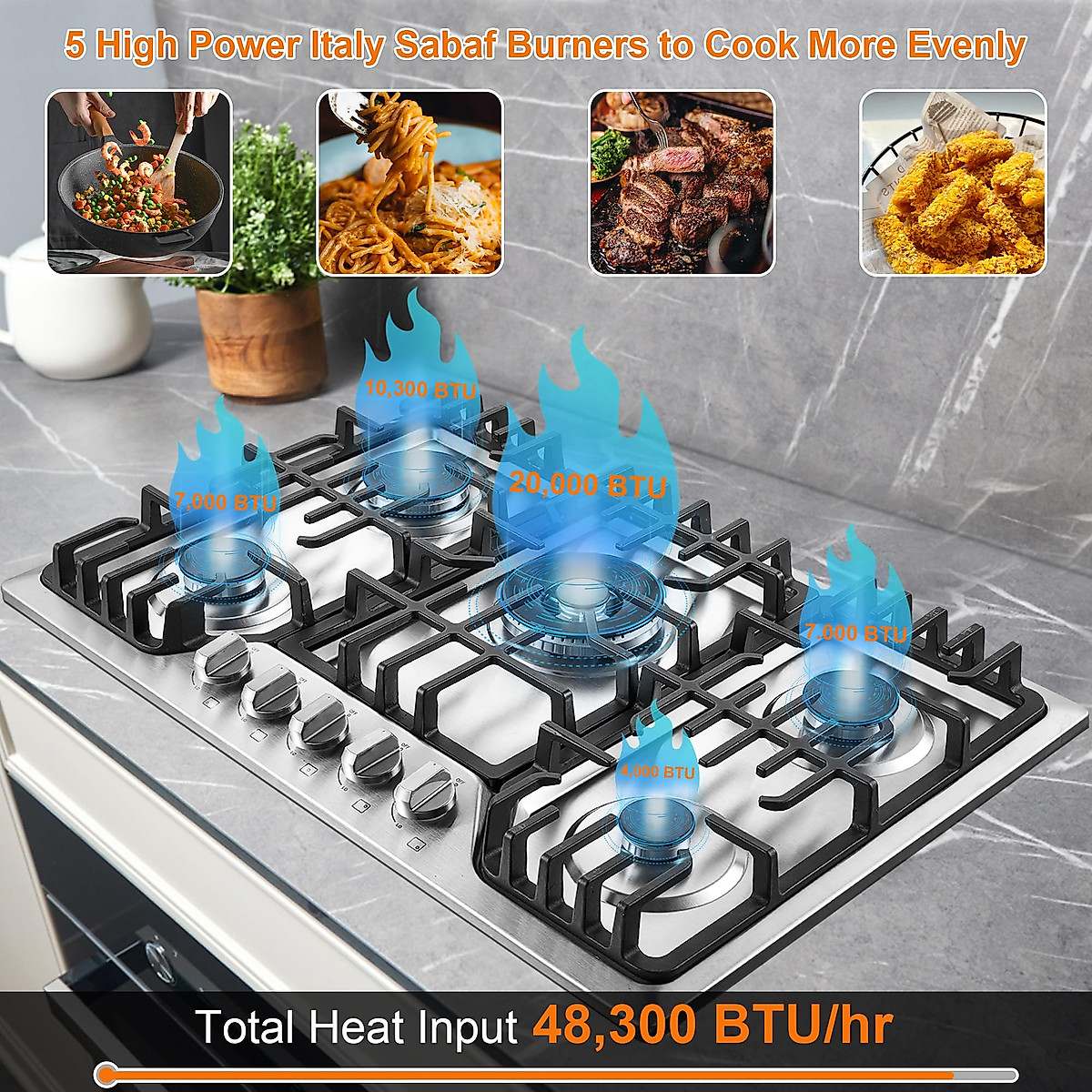30 Inch Bulit-In Gas Cooktop with Griddle, 5 Italy SABAF Powerful Burners Over 92% High Efficiency, Max 48300BTU Gas Stove Top, 304 Stainless Steel Panel, NG/LPG Convertible, CSA Certified