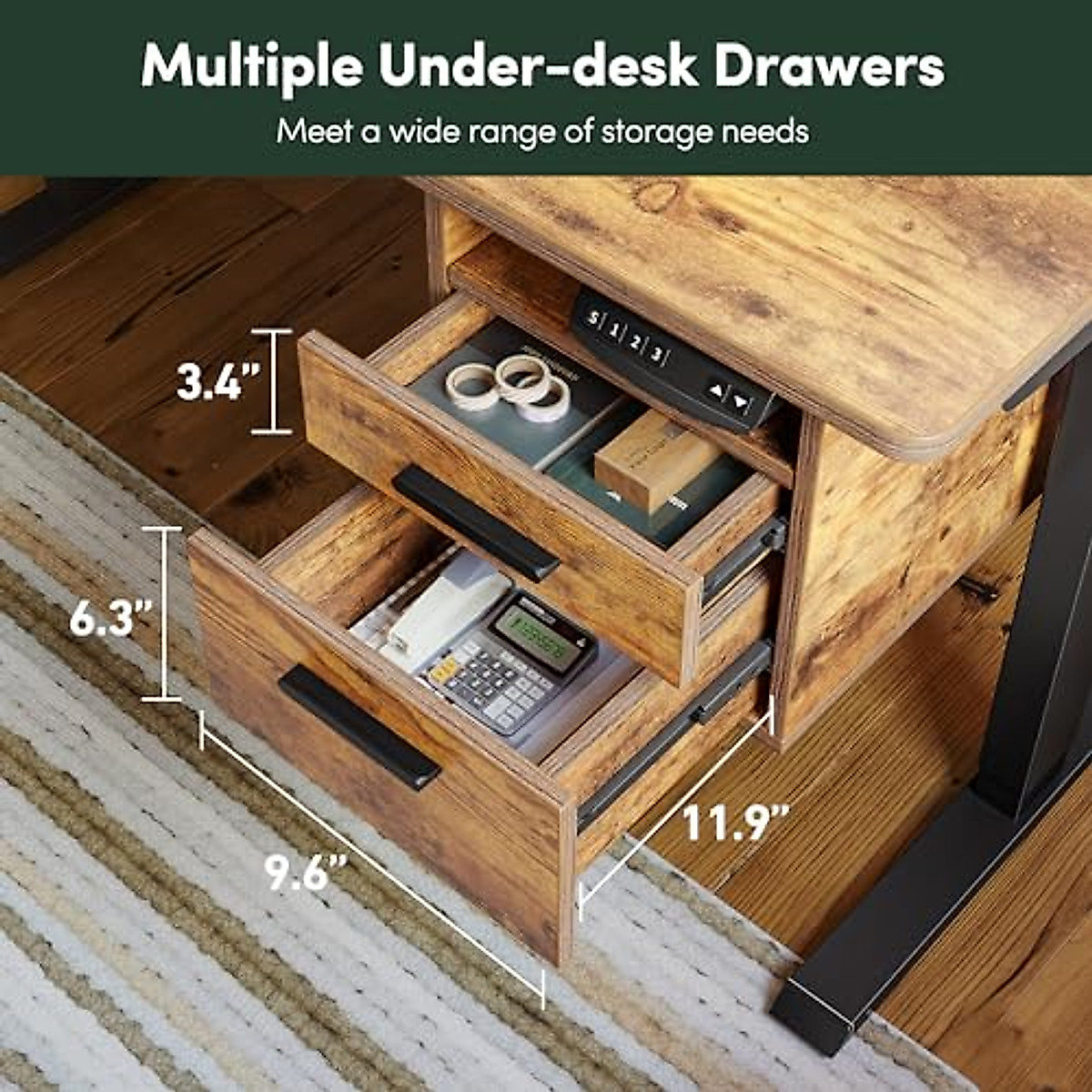FEZIBO Whole-Piece Electric Standing Desk Adjustable Height with 3 drawers, 48 x 24 inches Stand up Desk with Monitor Shelf, Sit Stand Rising Desk with open storage, Rustic Brown (2 Packages)