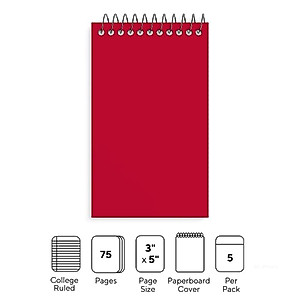 1InTheOffice Wirebound Spiral Memo Books, Memo Pads, 3" x 5", College Ruled, Small Notepad 3x5, Assorted, 75 Sheets/Pad, 5 Pads/Pack (5)