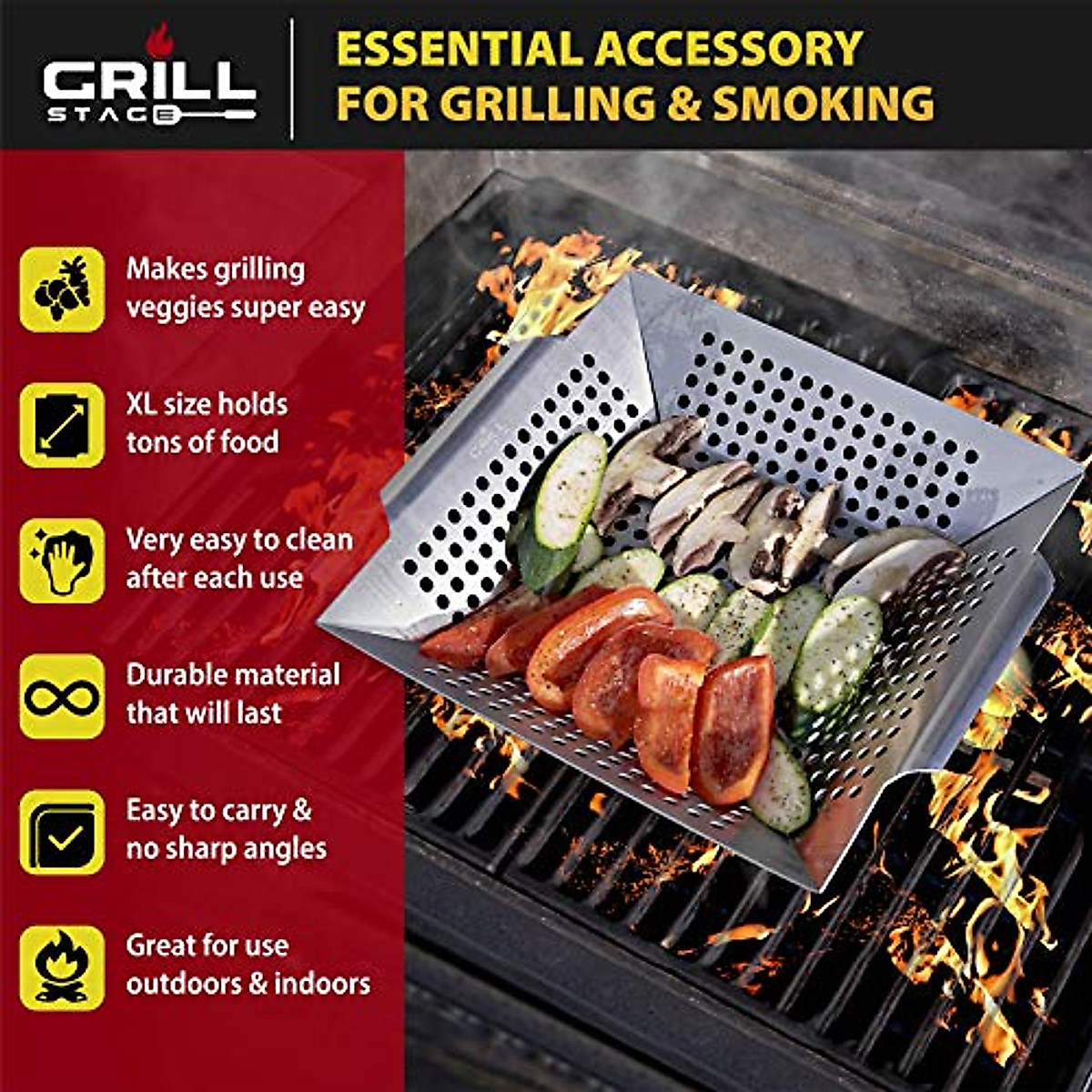 Heavy Duty Stainless Steel Vegetable BBQ Basket for Grilling - Large, Thick Veggie Grilling Basket is Perfect for Grills, Smokers & Even Indoor Use - Dishwasher Friendly & Easy to Clean Grill Basket