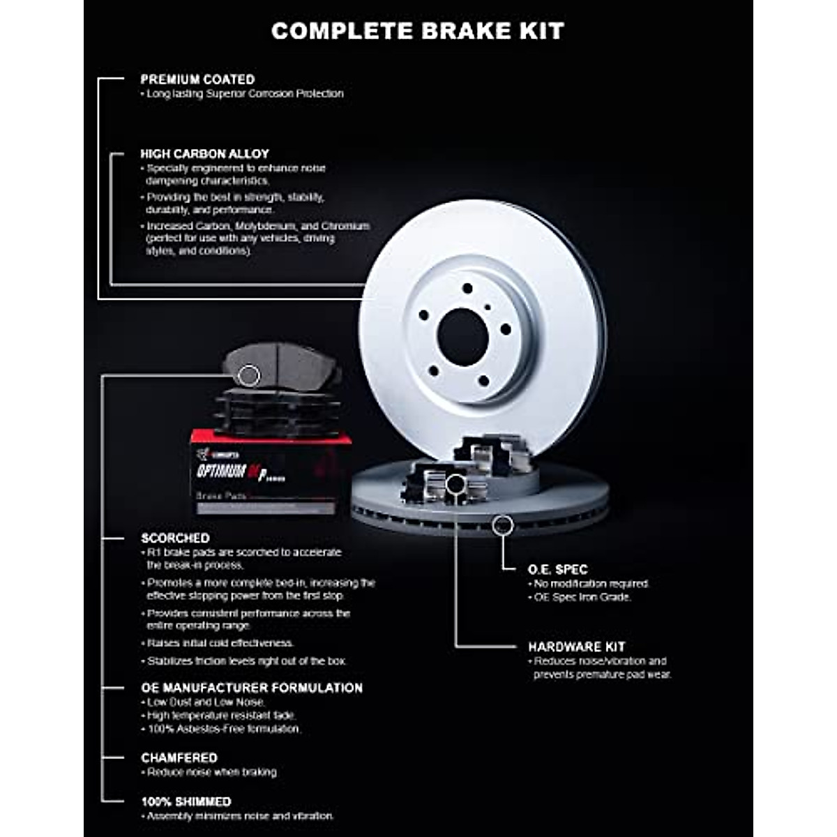 R1 Concepts Rear Brakes and Rotors Kit |Rear Brake Pads| Brake Rotors and Pads| Optimum OEp Brake Pads and Rotors |Hardware Kit|fits 2020-2022 Toyota Highlander