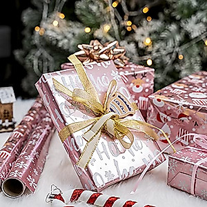 LeZakaa Christmas Wrapping Paper Mini Roll, Pink Metallic Foil Shine Paper - Snowflakes/Santa Claus/HO Print for Gift Wrap, Arts Crafts - 17 x 120 inches - 3 Rolls (42.5 sq.ft.ttl.)