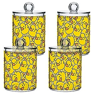 DOMIKING 4 Pack Acrylic Organizer for Cotton Ball Cotton Swab Cotton Round Pads Rubber Duck Clear Plastic Vanity Canister Cotton Ball Holder Dispenser Bathroom Storage Essentials