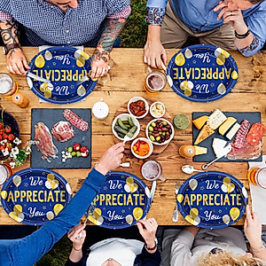 50 Pcs We Appreciate You Party Plates Thank You Plates CNA Appreciation Week Supplies Large 11 Inch Employee Appreciation Party Oval Paper Plate Platter for Teacher Doctor Nurse Staff, Blue Gold