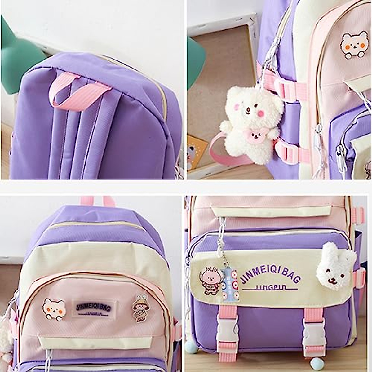 MIFJNF 5Pcs Kawaii Backpack Cute Backpack for School Aesthetic Backpack Kawaii School Supplies Backpack Set with Accessories (Blue)