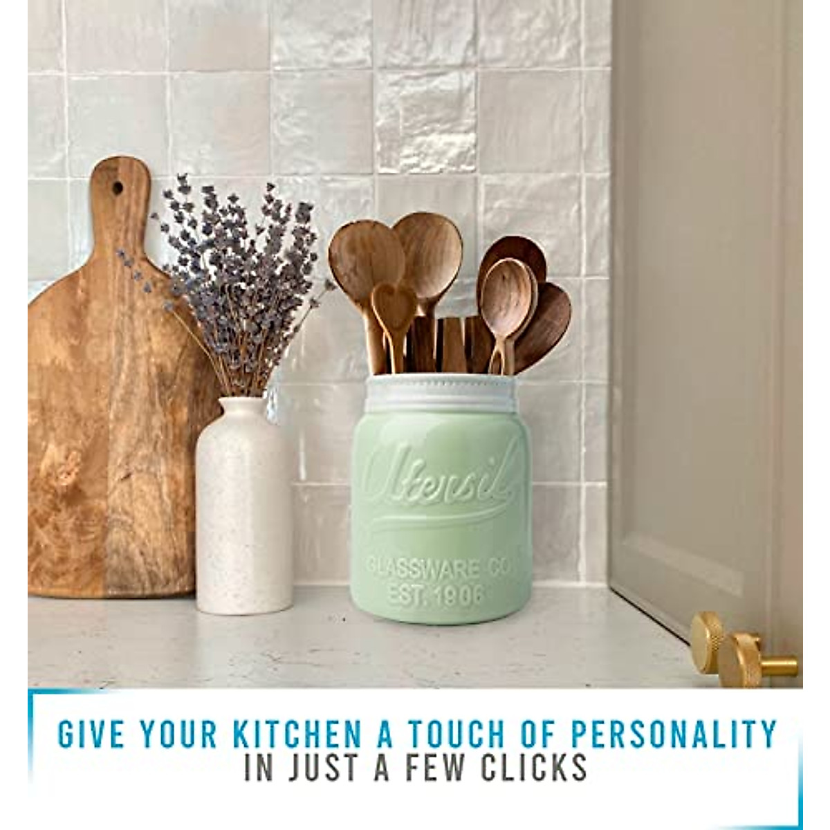 Comfify Wide Mouth Mason Jar Utensil Holder Decorative Kitchenware Organizer Crock, Chip Resistant Ceramic, Dishwasher Safe - Kitchen Caddy Green, Large Size 7" High