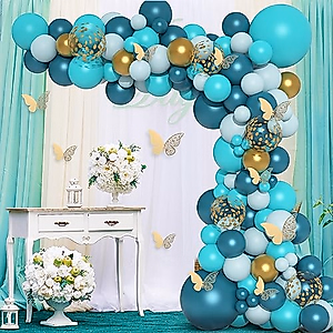 Teal Balloons Garland Arch Kit, 148Pcs Dark Teal Tiffany Blue Turquoise Metallic Gold Balloon with 12Pcs Gold Butterfly Stickers for Birthday Baby Bridal Shower Wedding Party Backdrop Decorations