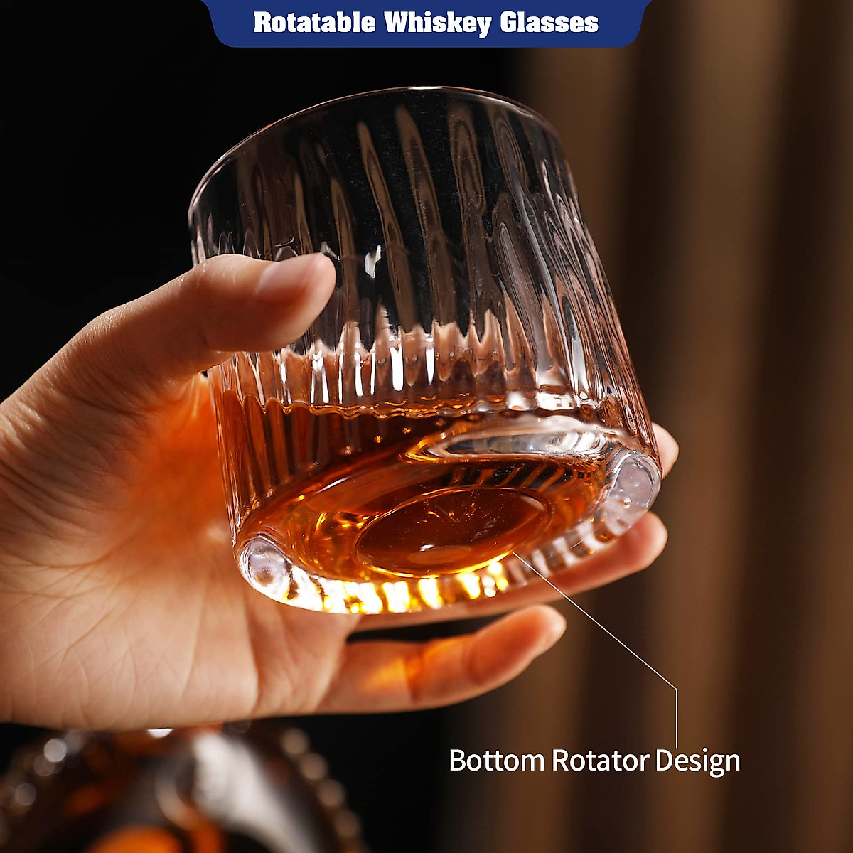 Crystal Whiskey glasses set of 2,Rotatable -10 Oz old fashioned whiskey glasses,bar whiskey glasses,style glassware for bourbon,perfect Idea for scotch lovers,glasses for scotch, rum, Glacier