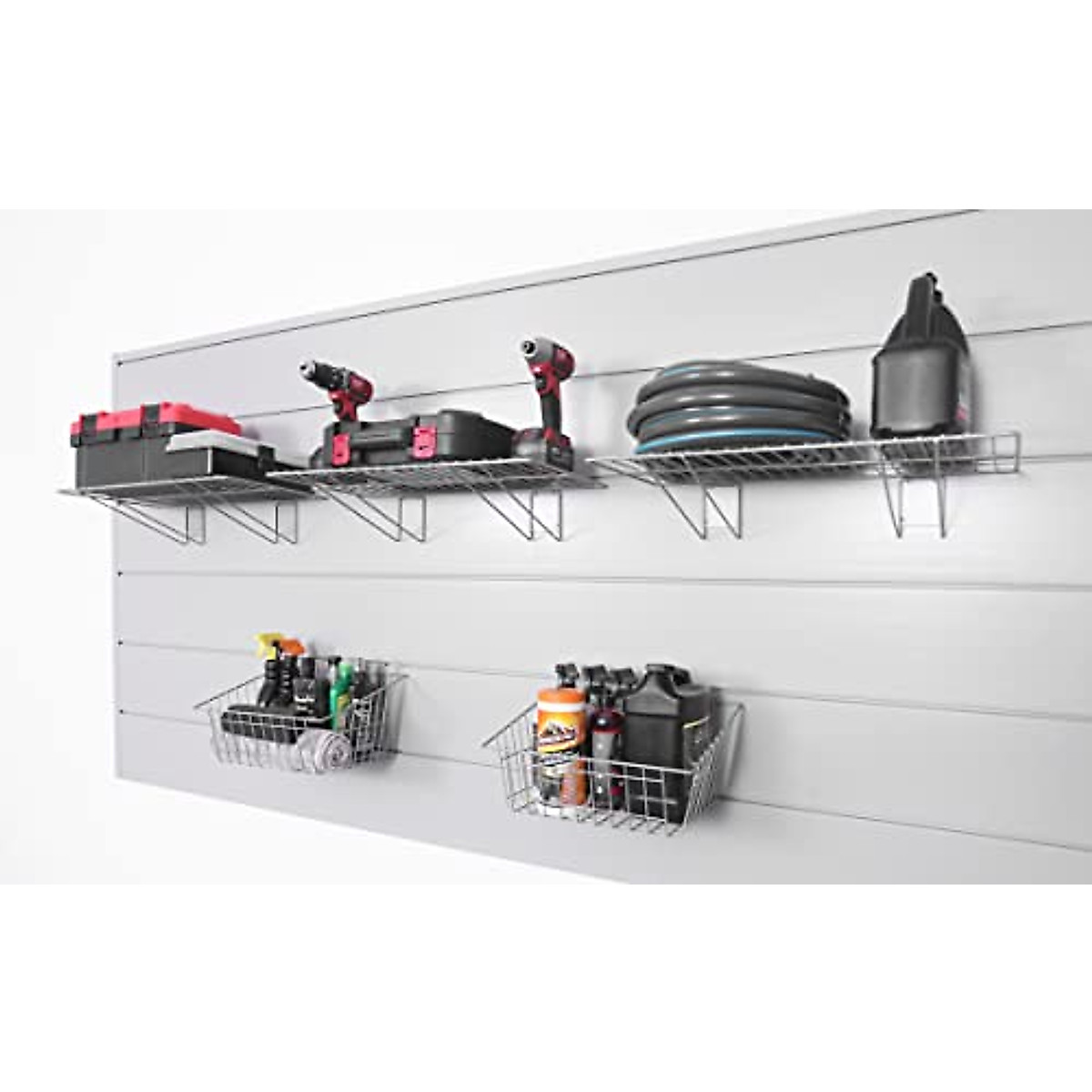 Crownwall Steel Shelf and Basket Organizer Value Kit with 5 Heavy Duty Shelves and Baskets for Storage and Organization, Compatible Slatwall