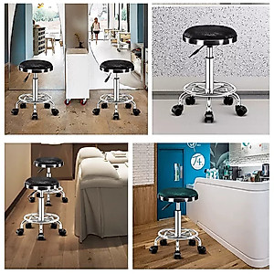 JHKZUDG PU Leather Round Rolling Stool,Esthetician Chair/Tattoo Stool Shop Stools with Wheels,with 360° Swivel and Height Adjustment,for Spa/Salon/Tattoo Work,Black