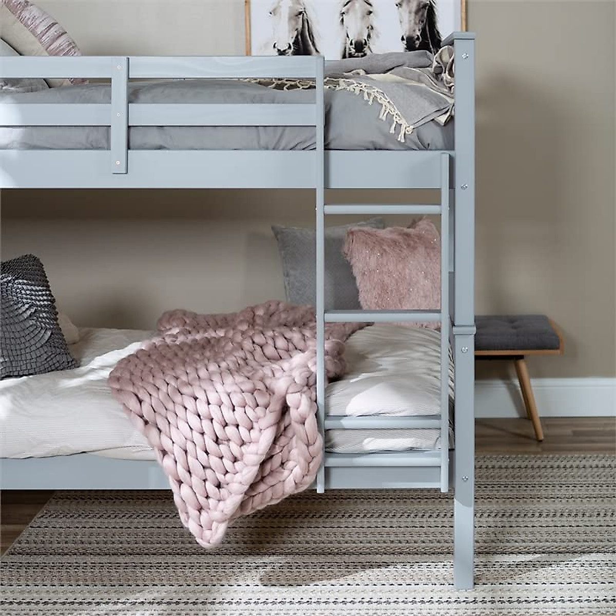 Walker Edison Resende Mission Style Solid Wood Twin over Twin Bunk Bed, Twin over Twin, Grey