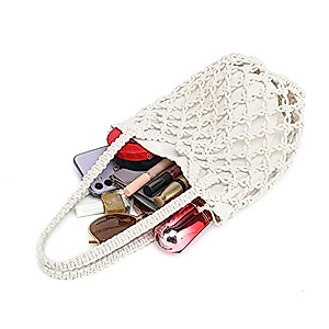 Woven Bucket Handbag for Women, Summer Beach Tote Bag Drawstring Shoulder Bag, Girls Handmade Bucket Bag for Travel Beach (White)