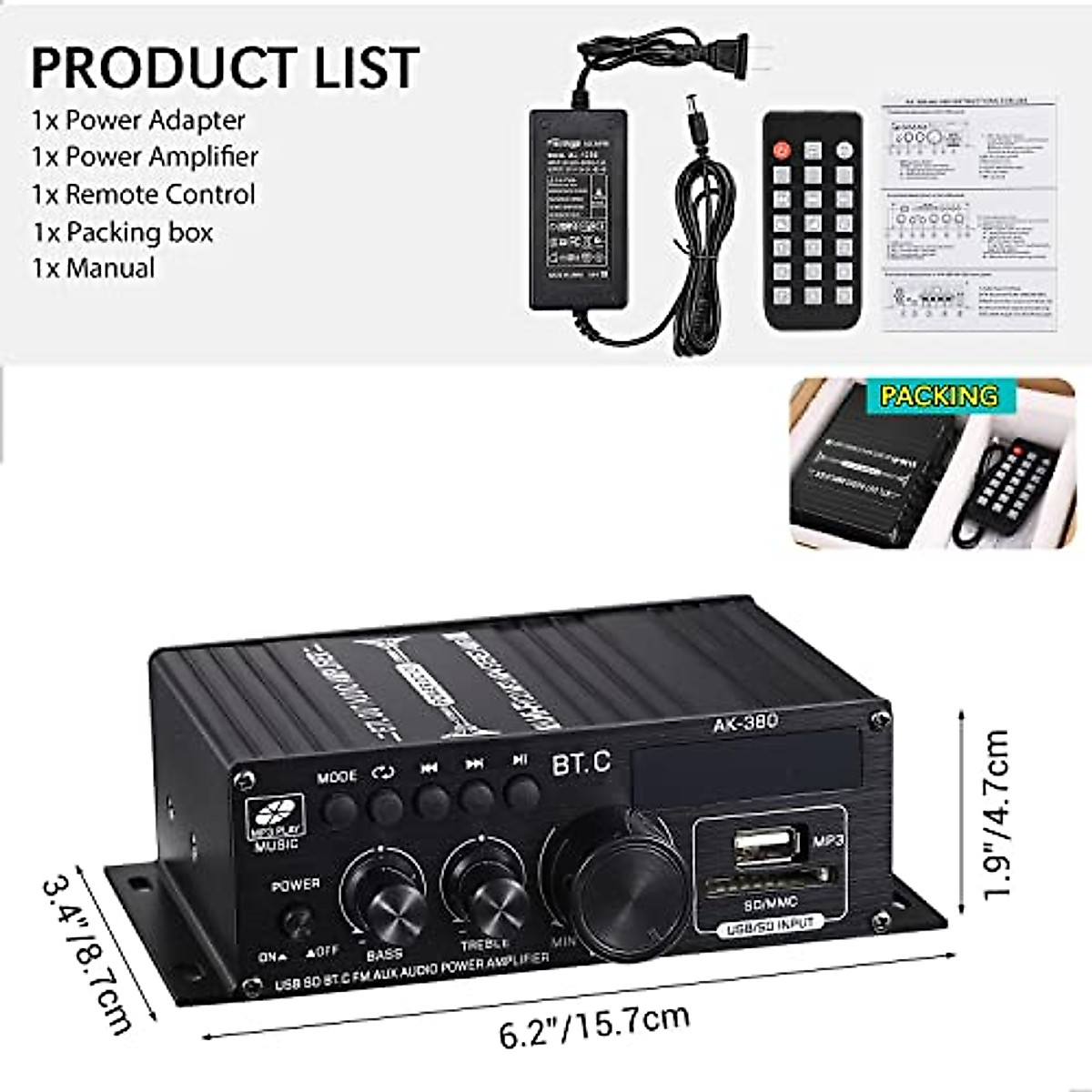 Facmogu AK380 Max 200Wx2 Mini Audio Power Amplifier, RMS 40Wx2 2.0 CH Bluetooth Receiver Speaker Amp with 12V 5A Power Supply, Bass & Treble Control Music Player Sound Amplifier for Car Home Garage