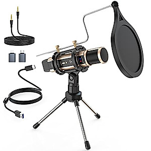 ZealSound Studio Recording Microphone, Condenser Broadcast Microphone w/Stand Built-in Sound Card Echo Recording Karaoke Singing for Phone Computer PC Garageband Smule Live Stream & YouTube (Gold)