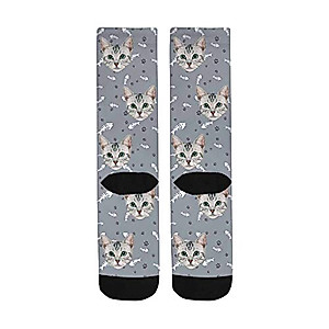 Custom Print Your Photo Funny Pet Face Socks, Personalized Fish Bones, Cat and Dog Tracks Paws Gray Crew Socks with Pictures for Men Women