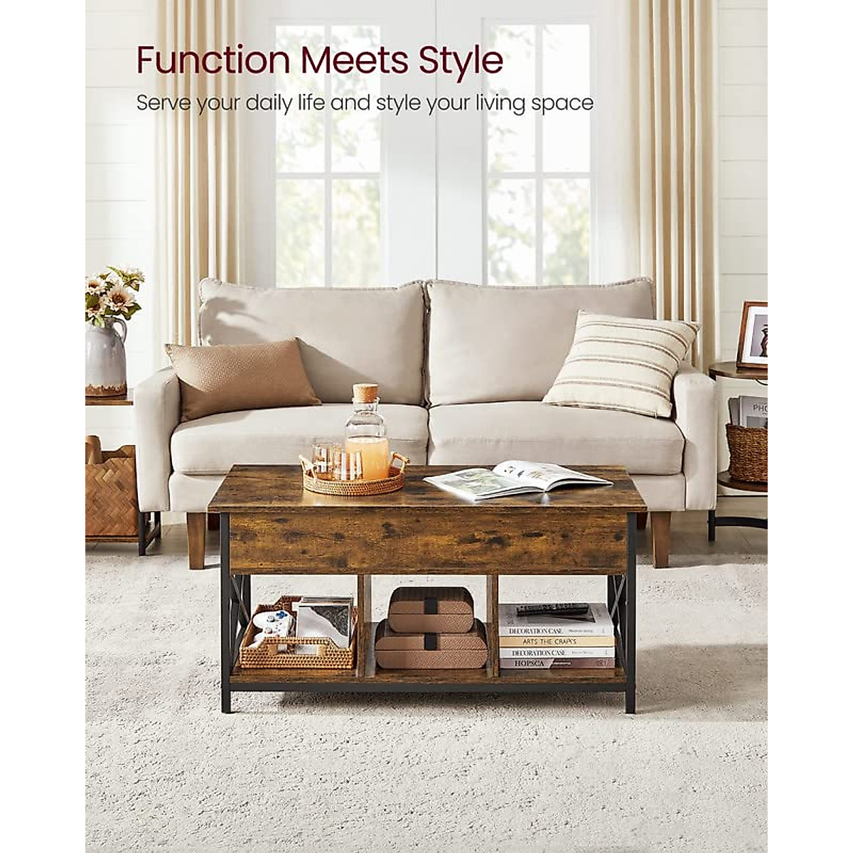 VASAGLE Lift Top Coffee Table for Living Room, Industrial Coffee Table with Hidden Compartments and Storage Shelf, Steel Frame, Rustic Brown and Black