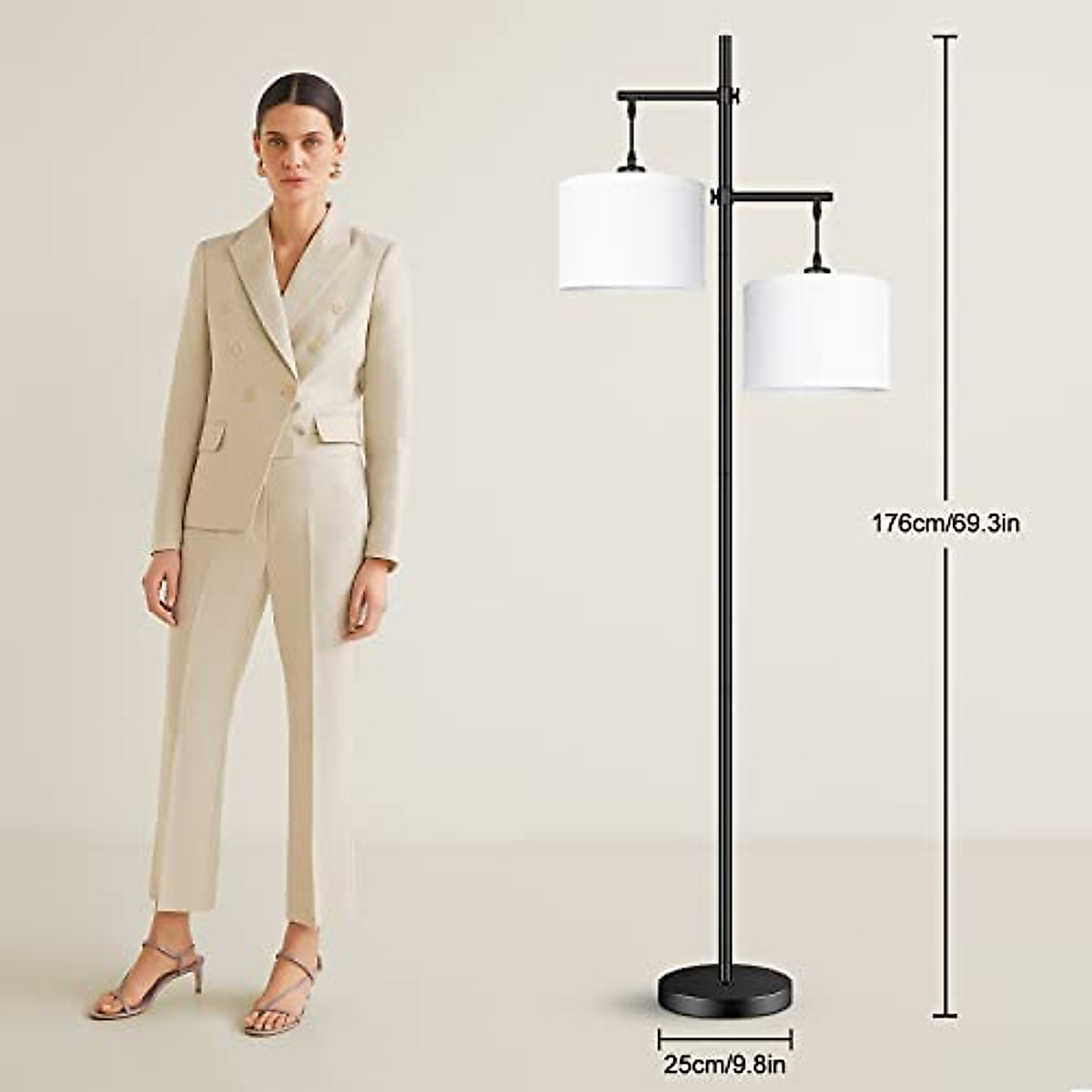 Modern Farmhouse Floor Lamp for Living Room, 2-Light 69.3in Tall Standing Lamp for Bedroom Office, Black Industrial Pole Light Reading Lamp, Stand Up Lights with White Fabric Shades & Foot Switch