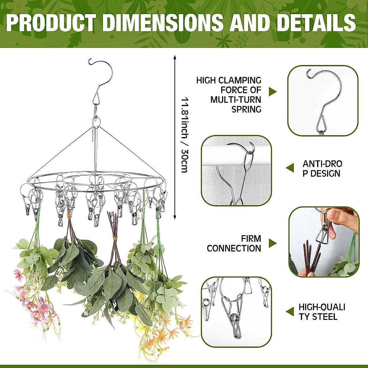 4 Pcs Hanging Drying Rack for Herb Macrame Flower Drying Rack with Stainless Clip Herb Dryer Hooks for Drying Herb Air Plants Spices Flowers Hydroponic Plants Ready to Use with Ceiling Hook (Round)