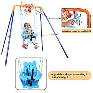DRM Folding Toddler Swing with Spiral Hanging Toys - Heavy-Duty Indoor Outdoor Baby/Child Swing Set with Safety Seat for 9-36 Months Old