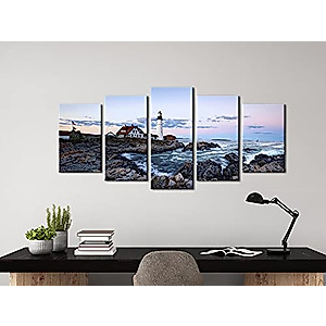 Wieco Art Portland Lighthouse 5 Panels Modern Canvas Prints Artwork Seascape Pictures to Photo Paintings on Stretched and Framed Canvas Wall Art Décor for Living Room Bedroom Home Decorations