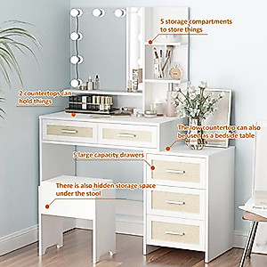 Maupvit Rattan Vanity Desk with Mirror and Lights, Boho Makeup Vanity Table Set with Nightstand, 5 Drawers & 10 Bulbs, Metal Silver Handle, 3 Open Shelves, Dressing Table with Cushioned Stool (White)