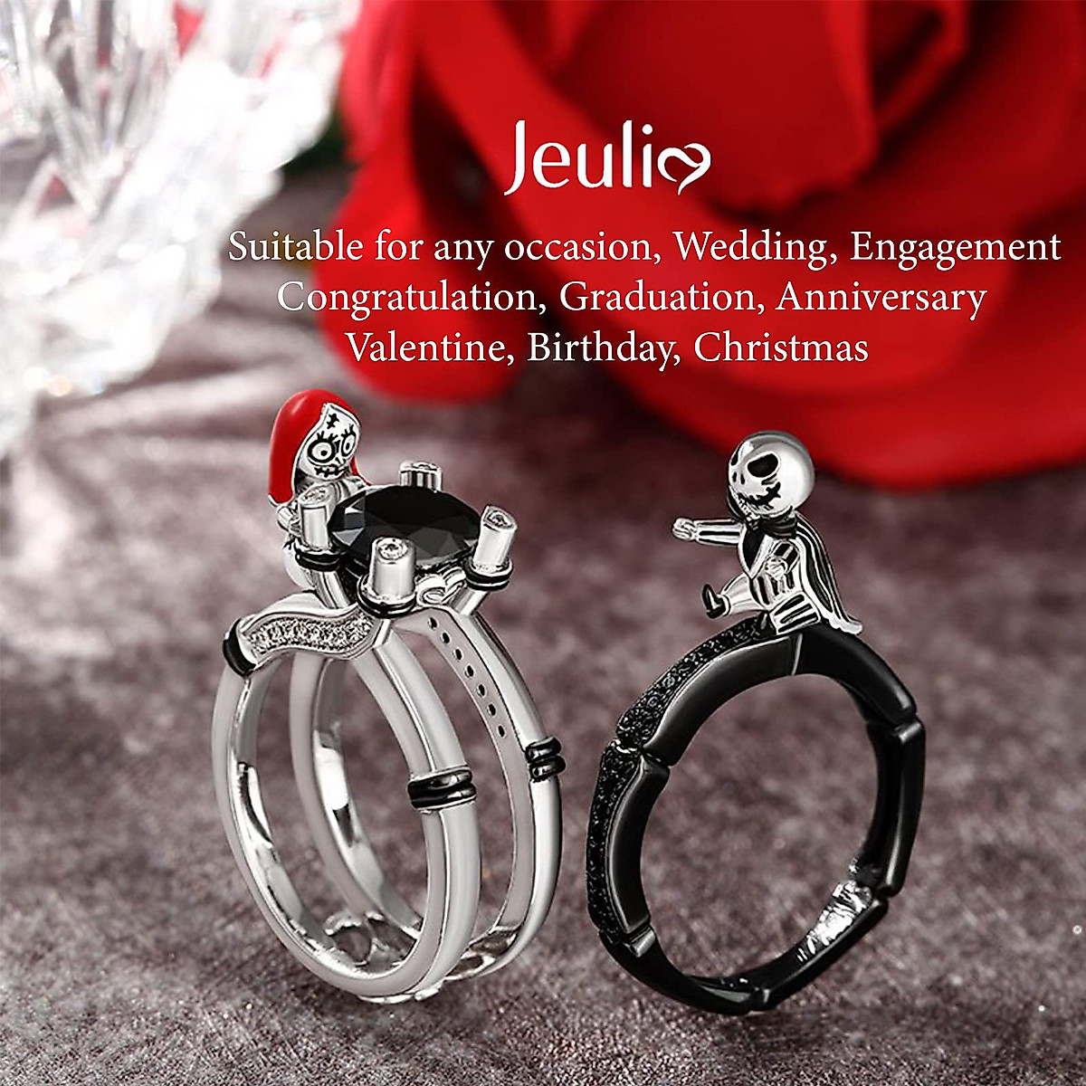 Jeulia Hug Me Magic of Love Skull Couple Round Cut Sterling Silver Ring for Women Wife Girlfriend Engagement Wedding Anniversary Christmas Birthday With Jewelry Box (Interchangeable, 6.5)