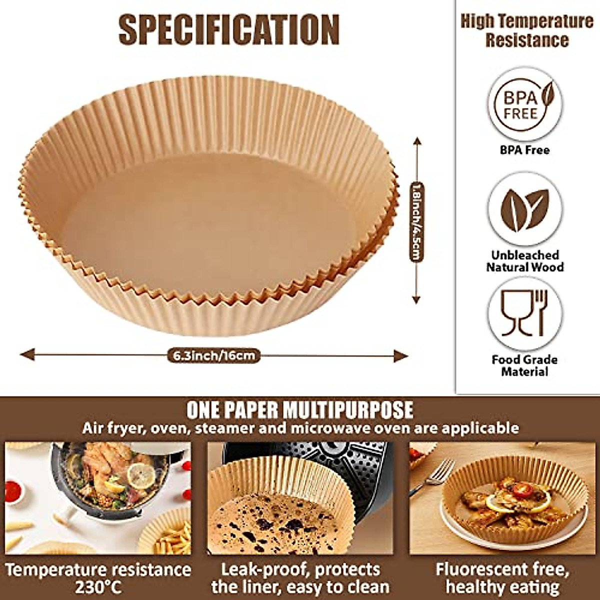 Air Fryer Disposable Paper Liner: Round Parchment Paper For Air Fryer Paper Oil-Proof, water-Proof Baking Paper for Air Fryer Steamer, Microwave & Easy Cleaning(100PCS 6.3in).