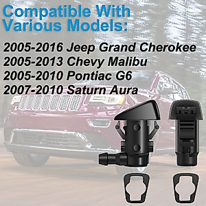 Belleone Windshield Washer Nozzle Kit Compatible with 2005-2016 Jeep Grand Cherokee, 2005-2013 Chevy Malibu, Pontiac G6, Saturn Aura, Replace #55372143AB, 15247800, 55156427AB, 55079049AA, 2PCS