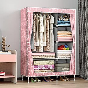Wardrobe Portable Closet Clothes Storage Organizer with Pink Fabric Cover and Hanging Rails, Quick and Easy to Assemble, Extra Sturdy, Clothing Storage Closet Shelves for Bedroom, Cloakroom, Apartment