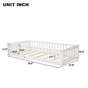 Twin Floor Bed for Kids, Montessori Bed Frame with Fence-Shaped Guardrails, Support Slats and Door, Wood Floor Twin Bed for Kids,Toddler,Boys Girls, No Box Spring Needed(White, Twin Bed Frame)