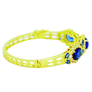 22k 24k Yellow Gold Plated Women Rare Thai Flower Cubic Zirconia Cz AAA Syn Blue Sapphire Bracelets Cuff Bangle 5 Mm 5.5 Cm