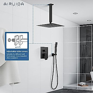 Airuida Matte Black 12 Inch Rainfall Shower System, Ceiling Mount Shower Faucet, Bathroom Shower Fixture with SUS304 Ultra-thin Rainfall Shower Head, Brass Handheld Shower Mixer with Rough-in Valve