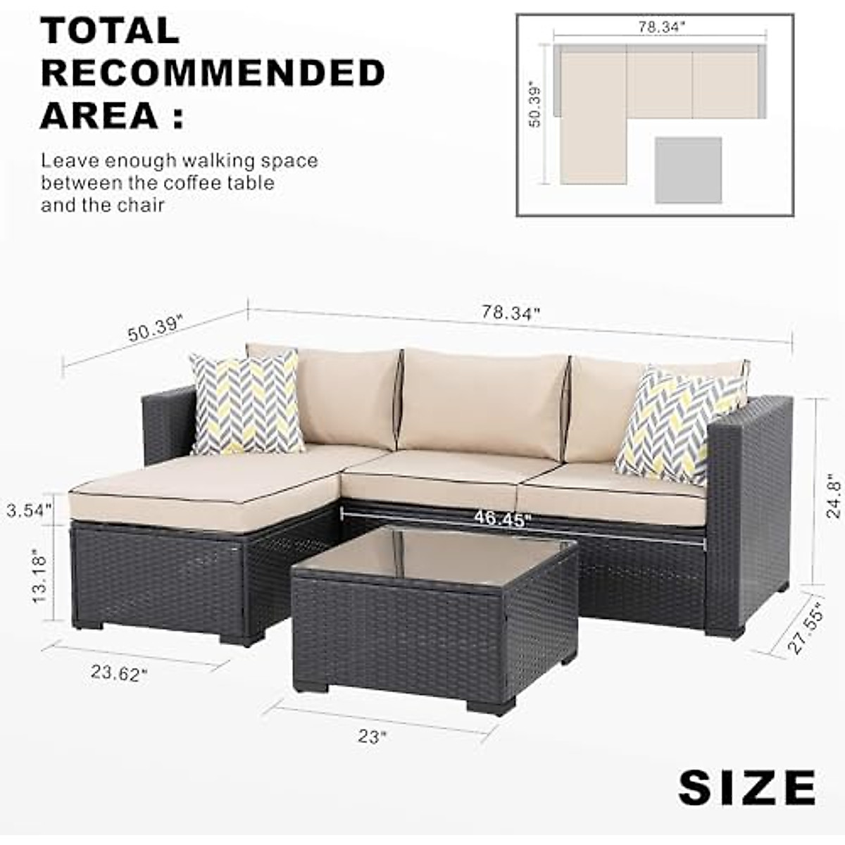 Walsunny Patio Furniture Set 3 Piece Outdoor Sectional Patio Sofa, All Weather Wicker Rattan Outdoor Furniture with Glass Table and Cushions(Black/Khaki)