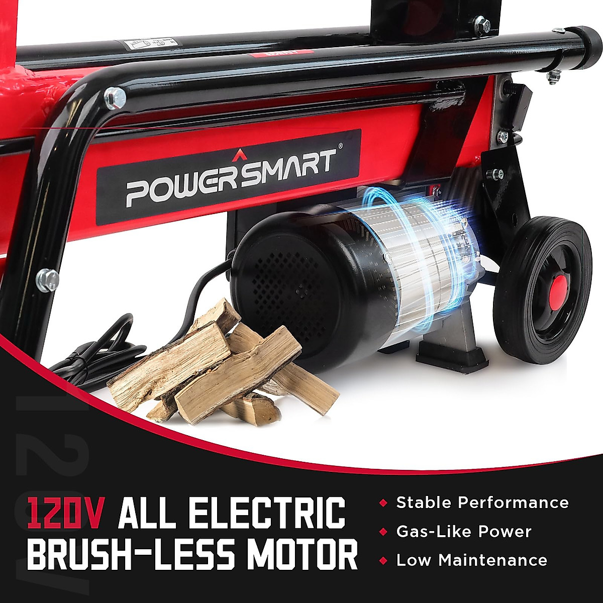 PowerSmart Electric Log Splitter 6-Ton - Efficient Wood Splitter with 3500 Motor Speed, 15 Amp, Horizontal Full Beam Design and Steel Wedge for Firewood & Kindling Cutting