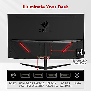 Z-Edge 32 inch Curved Gaming Monitor, 16:9 QHD 2K 2560x1440 165/144Hz 1ms Frameless LED Gaming Monitor, AMD Freesync Premium Display Port HDMI Built-in Speakers