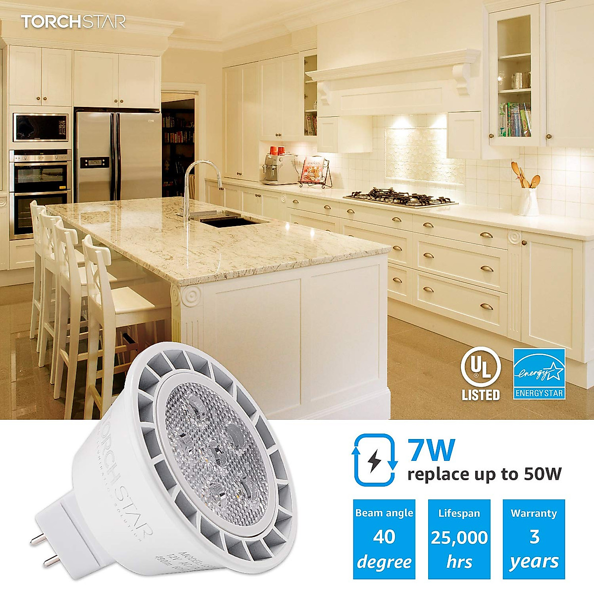 TORCHSTAR MR16 LED Bulb Dimmable, Aluminum, 12V 7W, GU5.3 Bi-Pin Base MR16 LED Spotlight, UL & ES Listed, LED MR16 Light Bulbs for Recessed Track Lighting, 3000K Warm White, Pack of 6