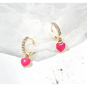 14K Gold Plated Pink Heart Dangle Drop Earrings for Women CZ Huggie Hoops Charm Earrings Dangling Hot Pink Enamel Love Heart Earrings Dainty Cute Valentines Day trendy Jewelry