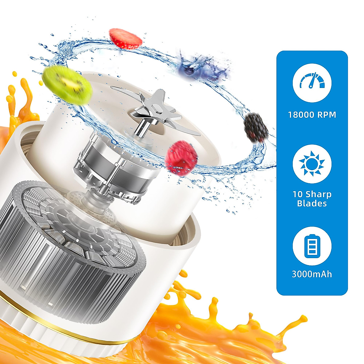 Sizabo Portable Blender,Travel Personal Size Blender for Shakes and Smoothies, Beach Blender Cup Rechargeable with 10 Blades, 3000mAh Mini Fruit Juice Mixer Sport Portable Blender Rechargeable White