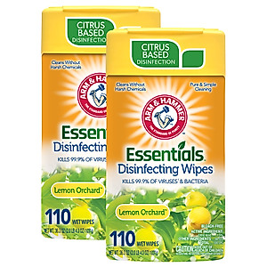 Arm & Hammer Essentials Disinfecting Wipes, Lemon Orchard 2-Pack, 110 Count, 220 Wipes, Volcano