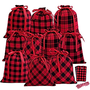 Aneco 10 Pieces Small Buffalo Plaid Bags 11.8 x 9.8 Inches Drawstring Bag Sack Present Xmas Cotton Christmas Bags Party Stocking Storage with 20 Pieces Tags