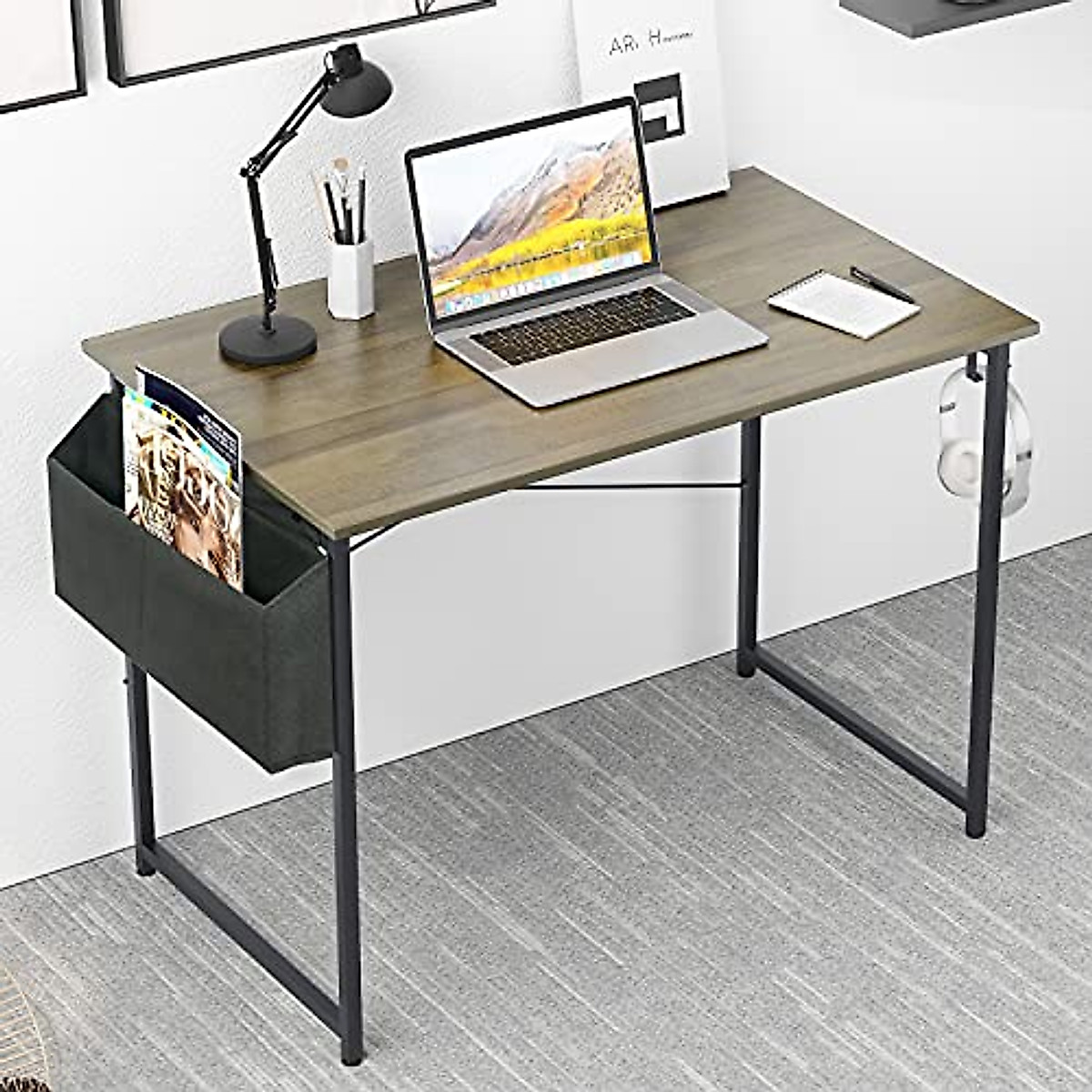 SogesHome 39.37 inches Computer Desk Laptop Table Home Office Workstation Gaming Desk Writing Table with Side Storage Box, Earphone Rack, Teak