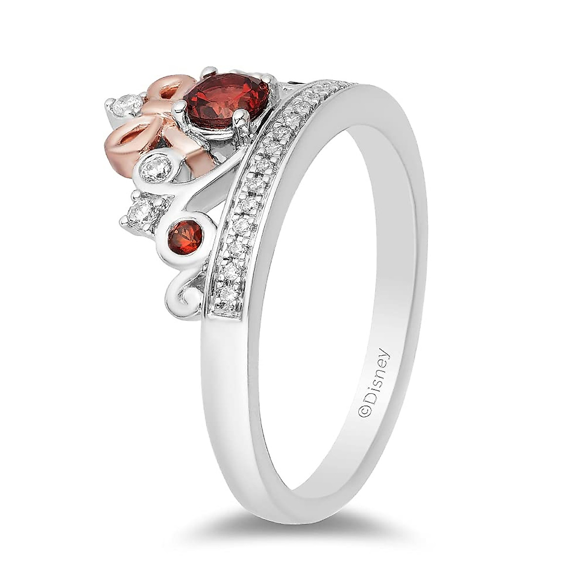 Jewelili Enchanted Disney Fine Jewelry 14K Rose Gold Over Sterling Silver 1/10 Cttw Diamond and Red Garnet Snow White Tiara Ring, Size 9