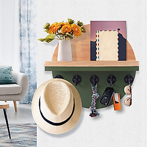 CRAKTH Key and Mail Holder for Wall Decorative, Wooden Boho Key Hanger with Shelf, Unique Two-Tone Circular Design Entryway Key Rack - Brown & Green