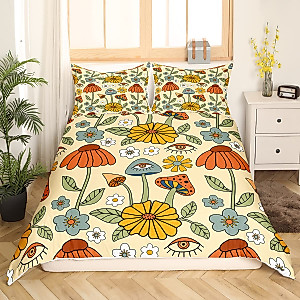 Retro Flowers Duvet Cover Set King Size,70s Floral Mushroom Comforter Cover with 2 Pillowcases,Art Hippie Plant Eye Print Modern Bedding Set for Adult Young Bedroom Xmas Gift